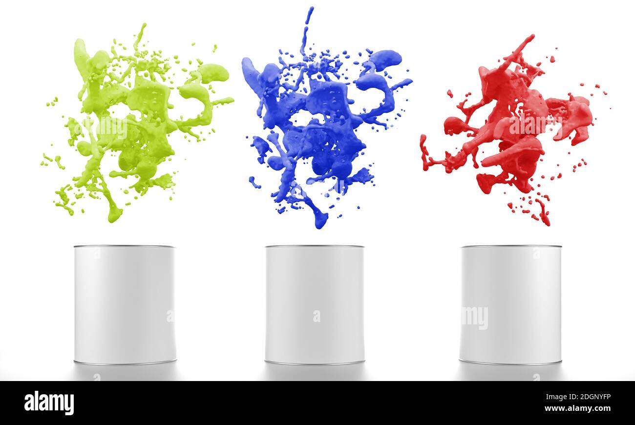 Abstract isolated color splash out of paint buckets - 3D Illustration ...