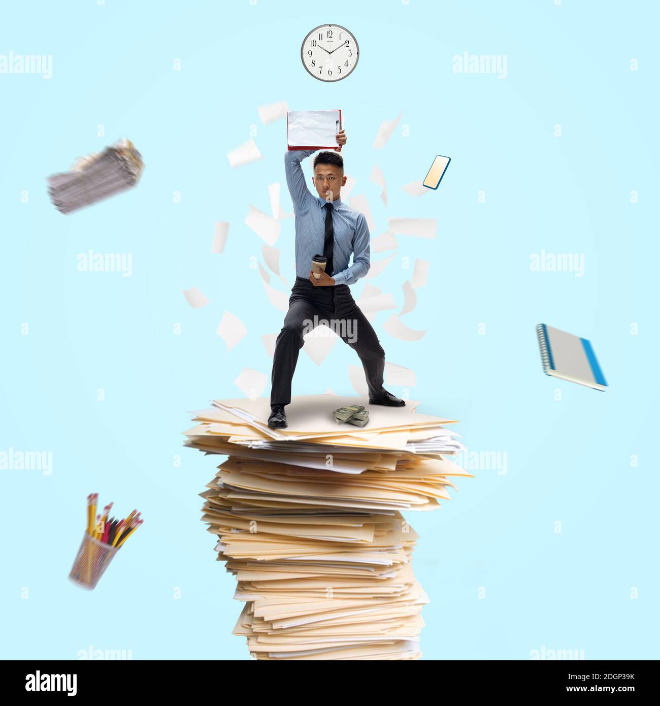 Office worker, businessman, sportsman fighting with deadlines standing ...