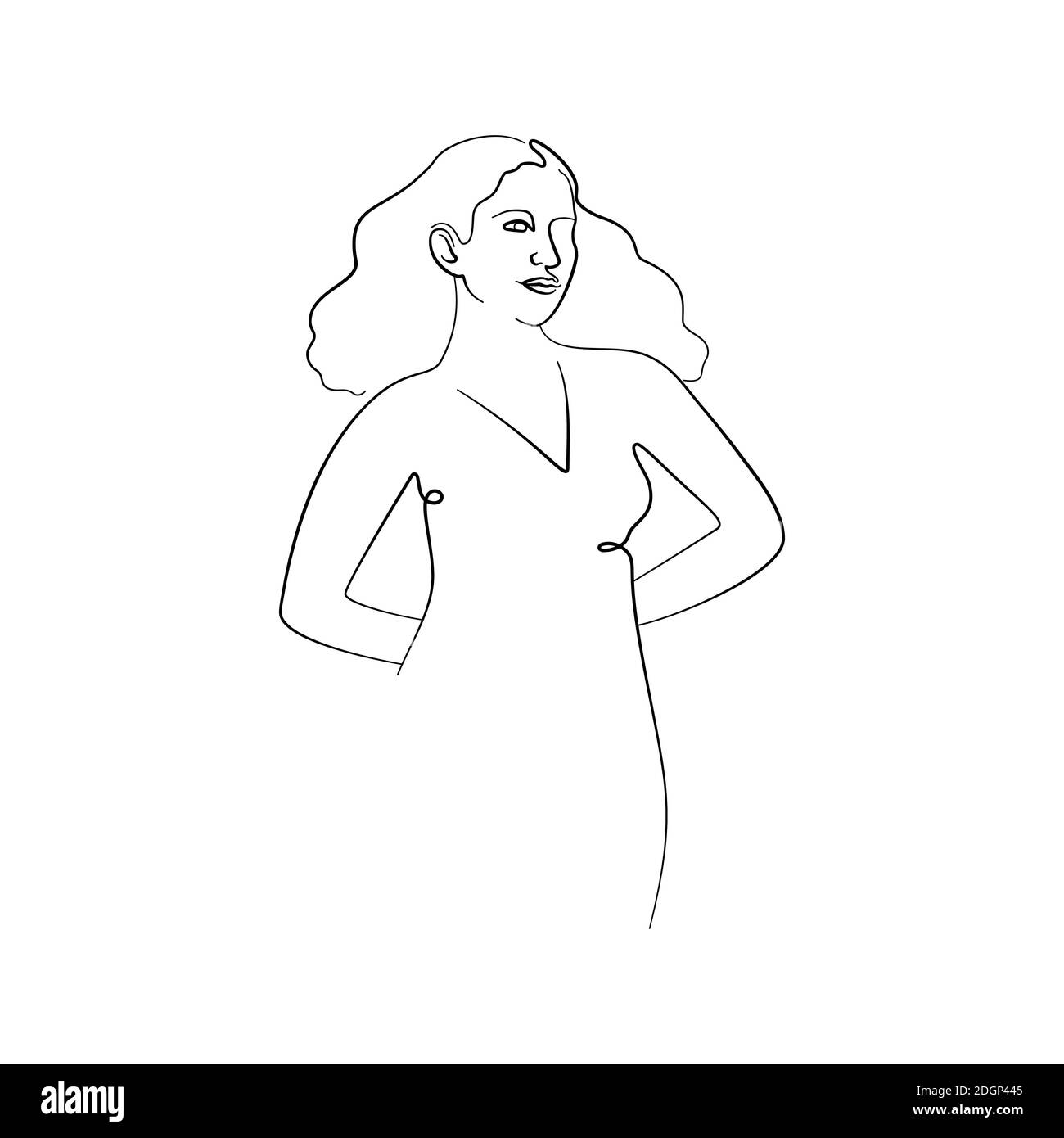 Single line drawing of a standing woman. Isolated on white background ...