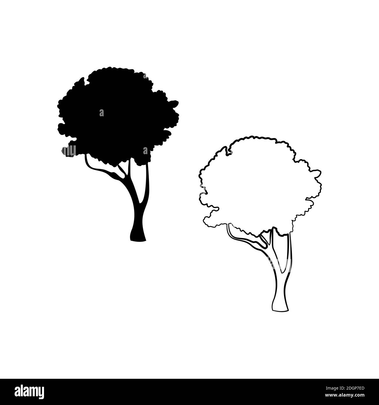Silhouette and line art of a tree set. Isolated on white background ...