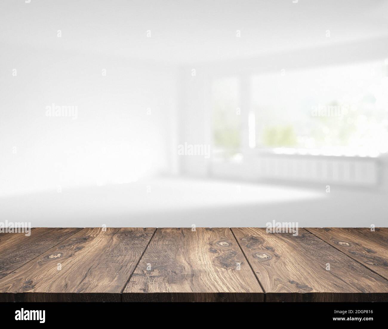 Blank table top in front of blurry room - Illustration Stock Photo - Alamy