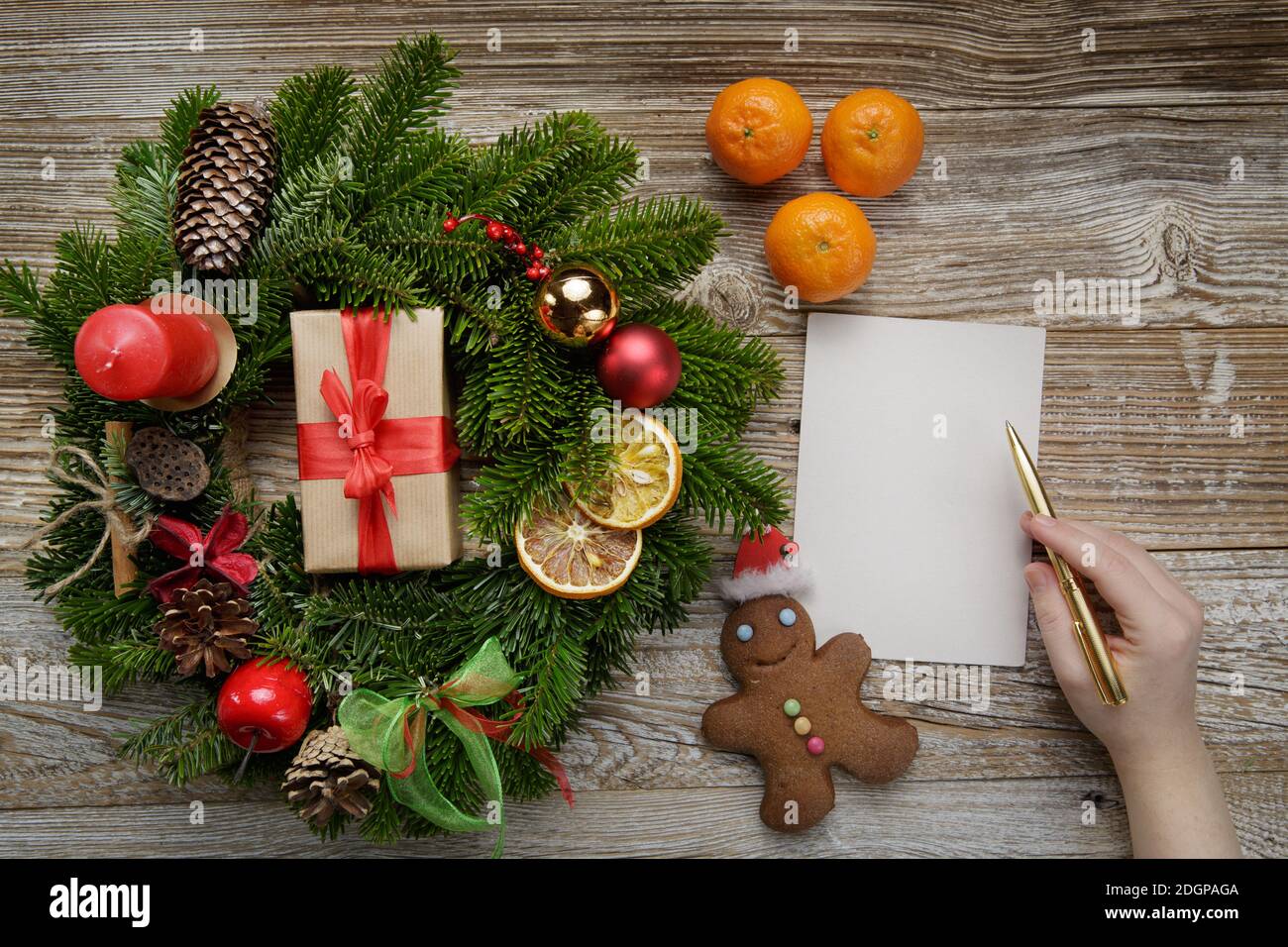 hand writing letter to Santa or greeting card. Christmas and holiday ...