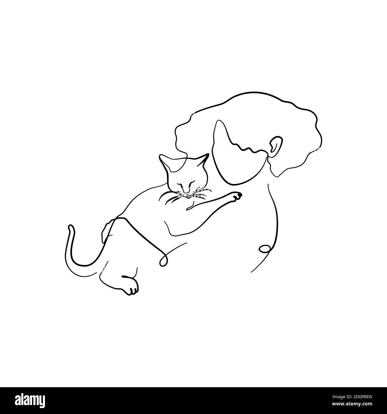 Single line drawing of a woman with a cat. Isolated on white background ...