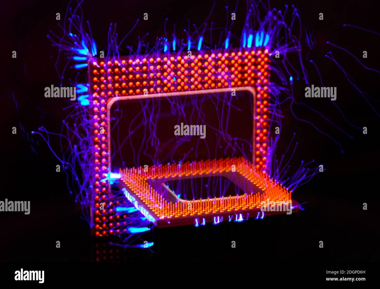 Burn out concept. Burning two overload CPU overheating. Blue lightning ...