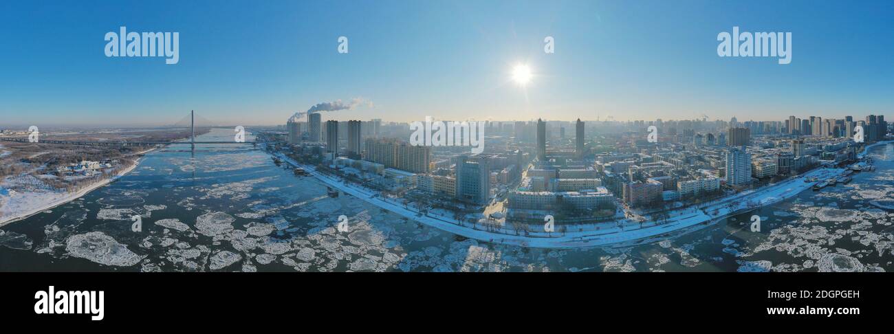 Aerial view of the floating ice on Songhua River in Harbin city ...