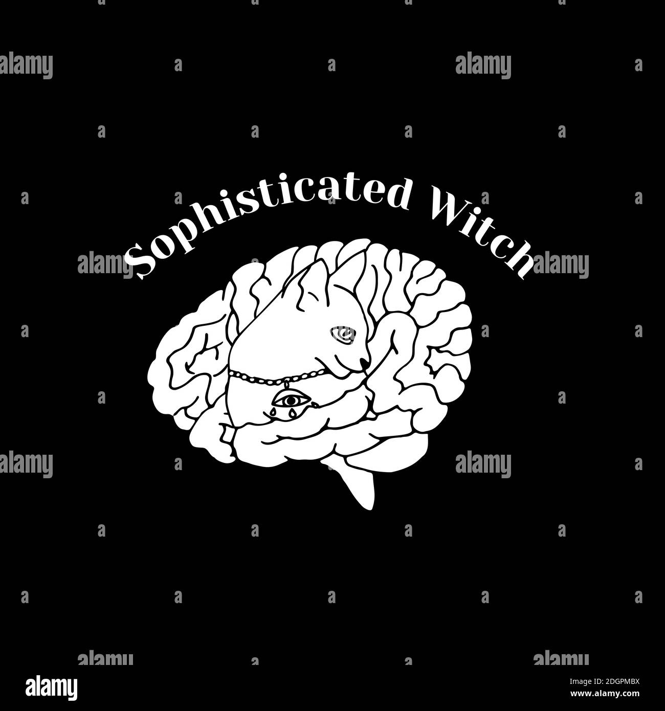 White silhouette of cat inside a brain and text sophisticated witch ...