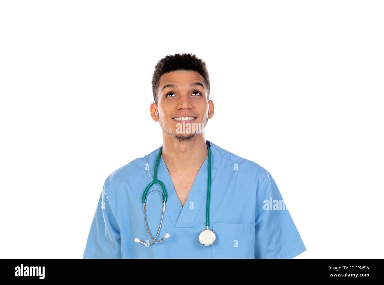 Young african doc with blue uniform isolated on a white background ...