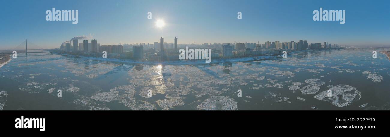 Aerial view of the floating ice on Songhua River in Harbin city ...