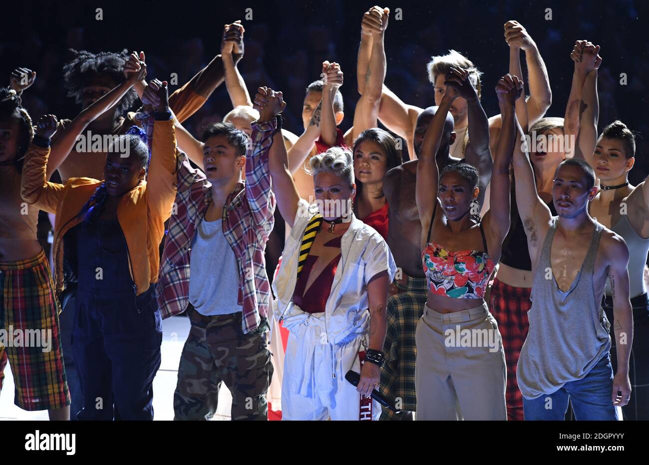 Pink performing at the MTV Video Music Awards 2017, held at the Forum ...