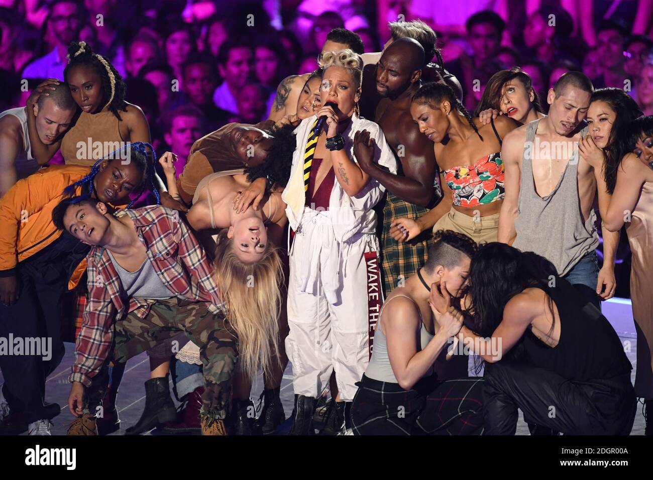 Pink performing at the MTV Video Music Awards 2017, held at the Forum ...