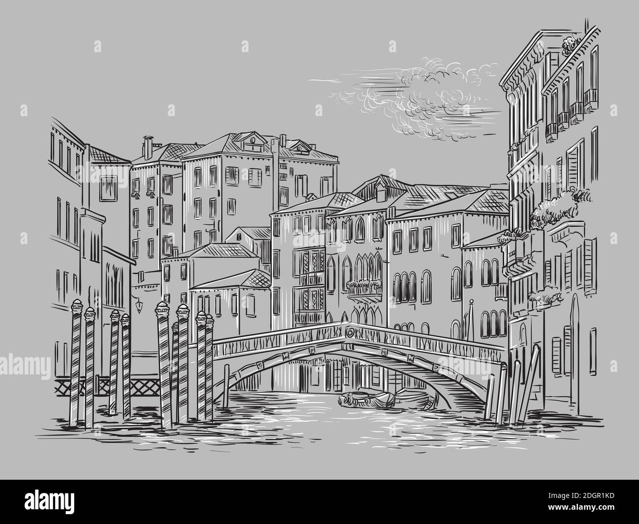 Vector hand drawing illustration of bridge on canal in Venice. Venice ...