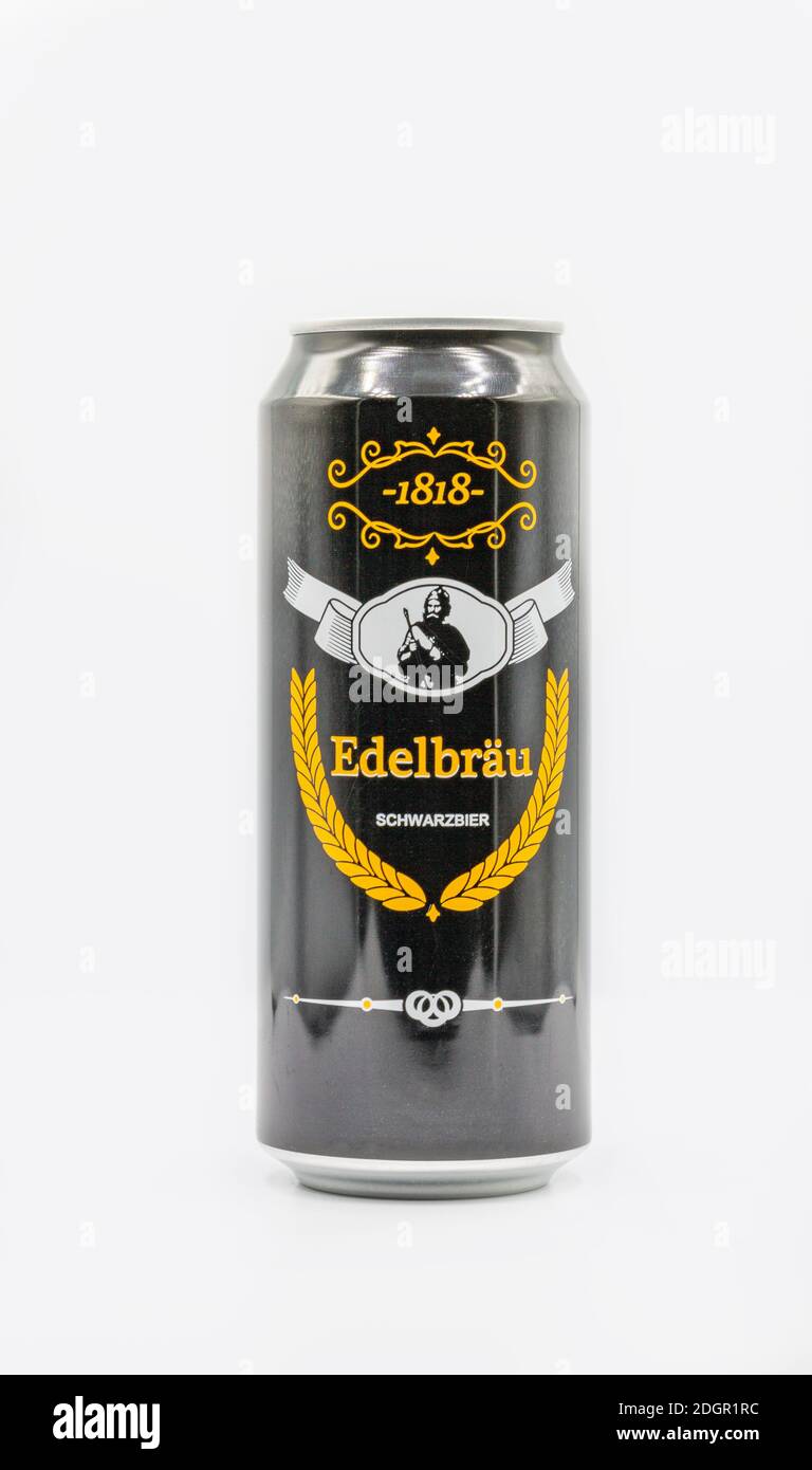 KYIV, UKRAINE - SEPTEMBER 14, 2020: German Edelbrau black beer can ...