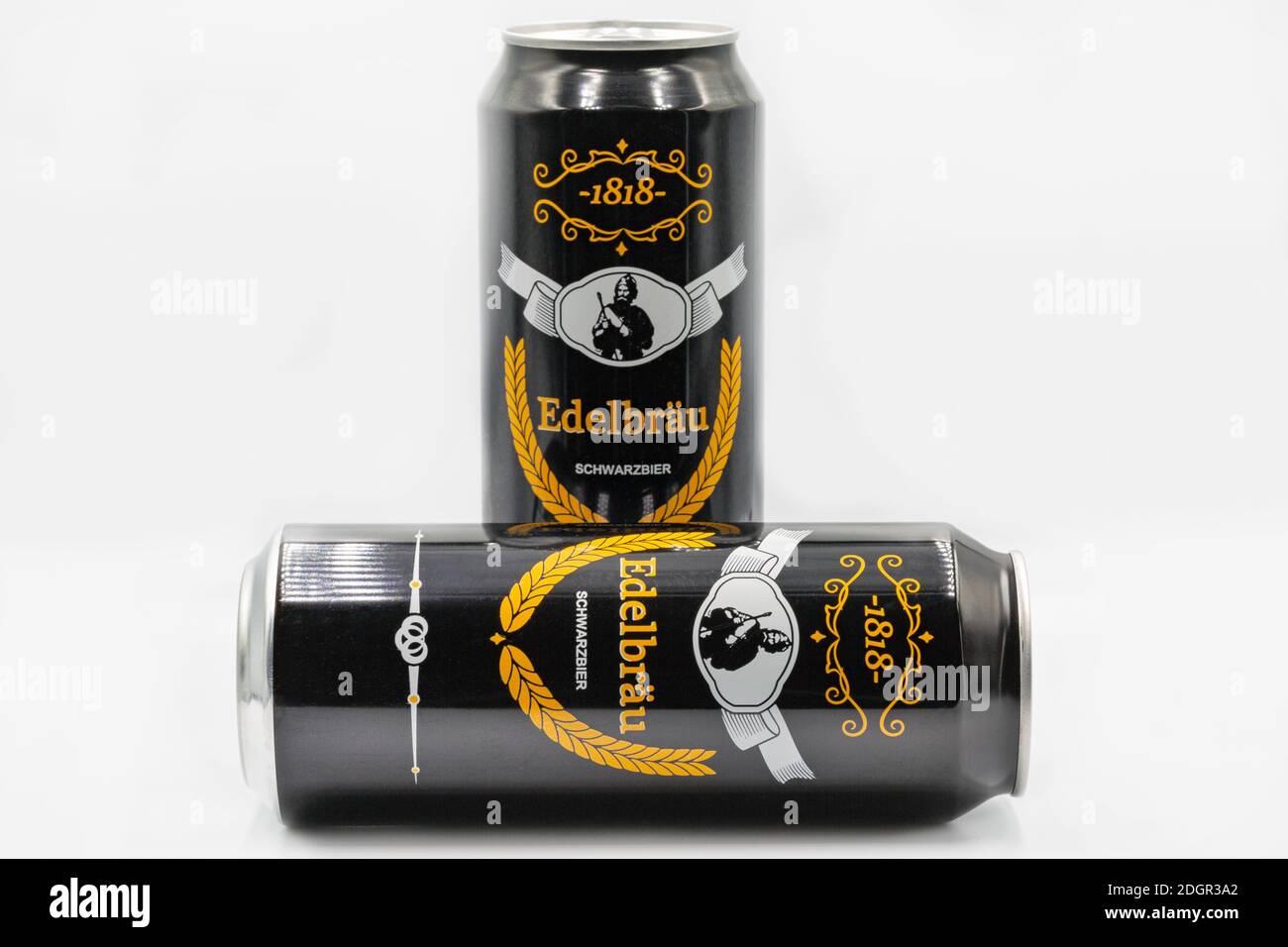 KYIV, UKRAINE - SEPTEMBER 14, 2020: German Edelbrau black beer cans ...