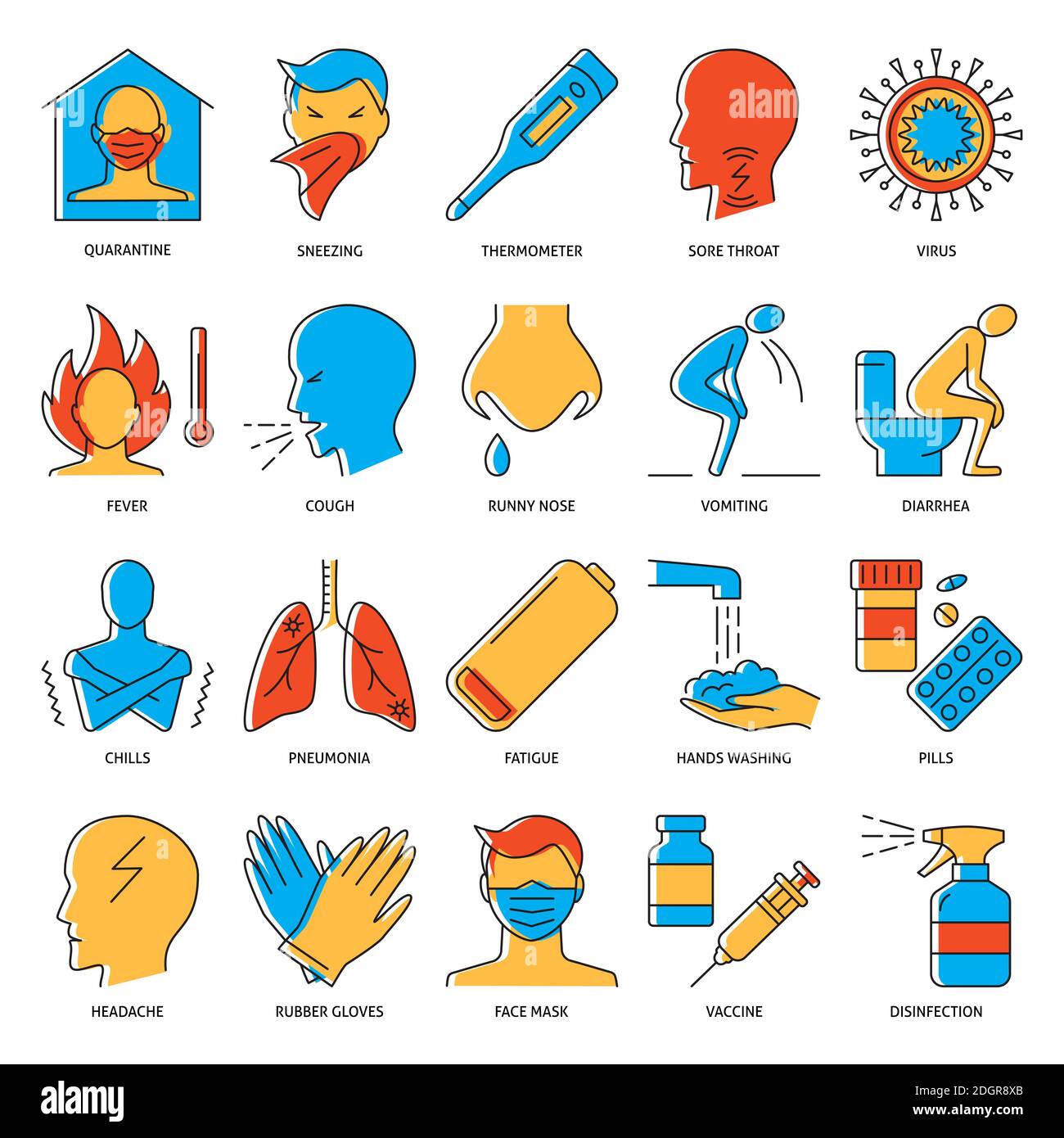 Flu and covid icon set in colored line style. Medical collection with ...