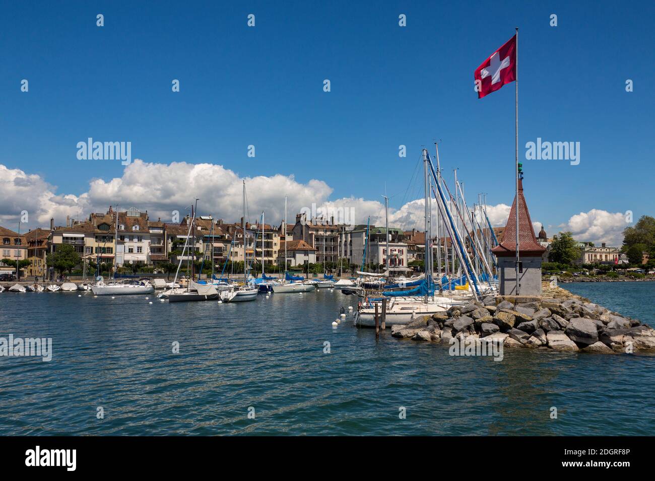 The harbor in the town of Morges on the north shore of Lake Geneva in the Vaud canton of ...
