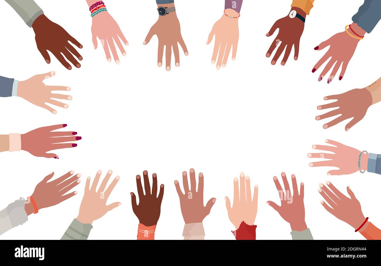Group raised human arms and hands.Diversity multiethnic people. Racial equality. Men and women ...