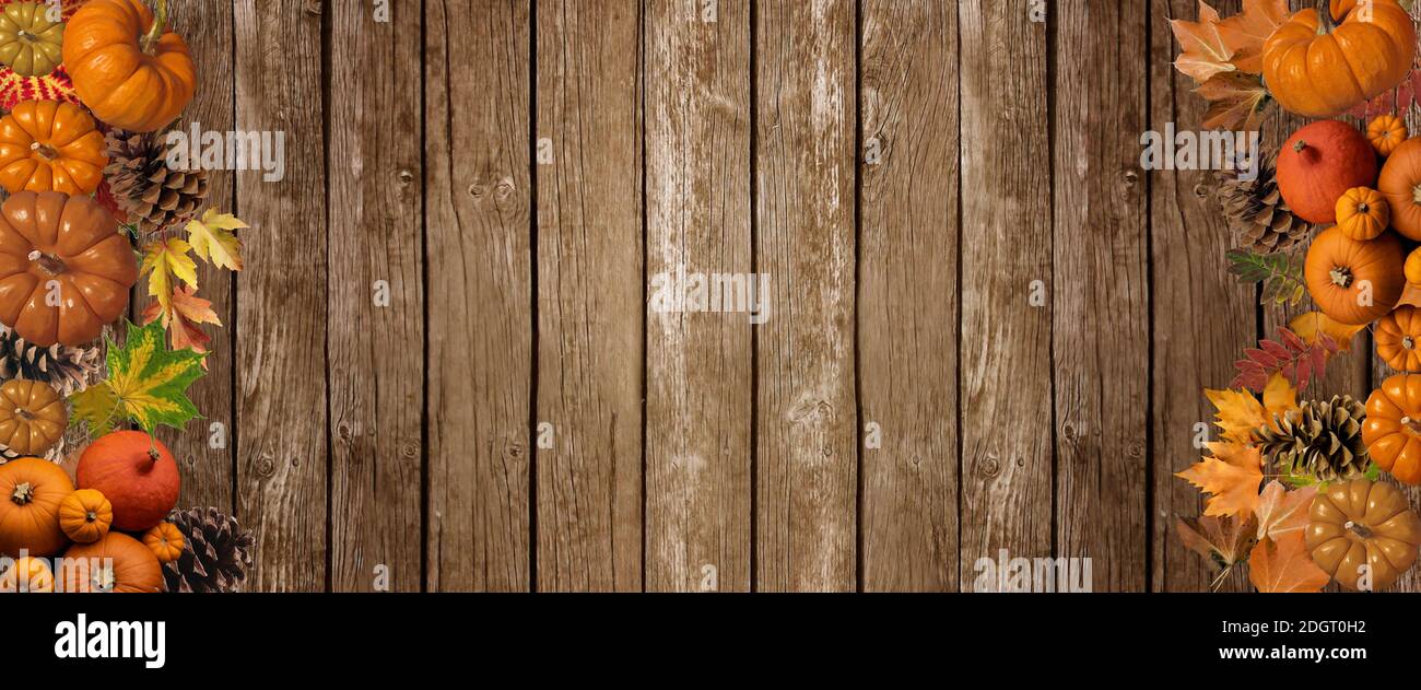 Natural autumn double border of pumpkins and leaves. Top view on a ...