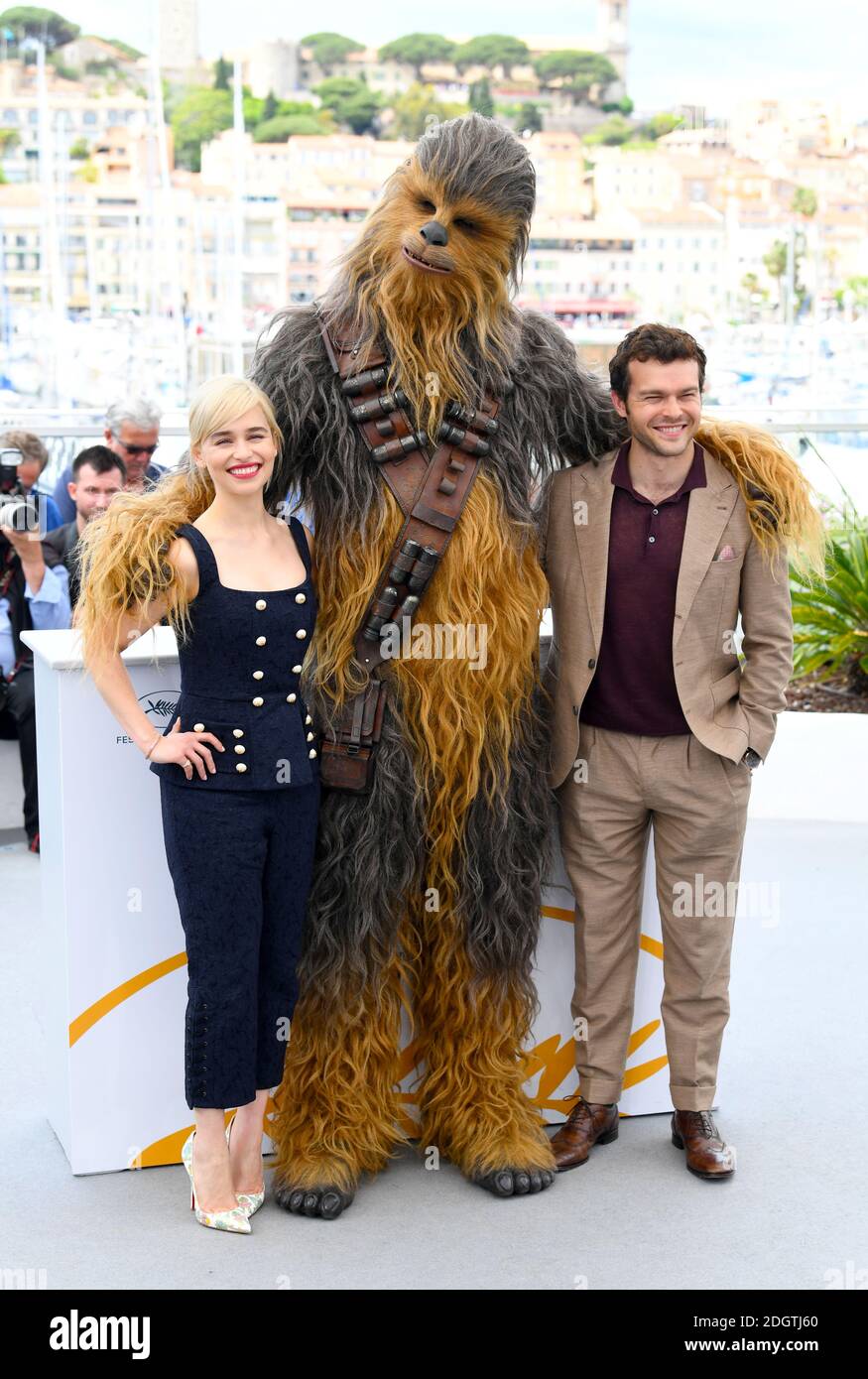 (left to right) Emilia Clark, Chewbacca and Alden Ehrenreich during the ...