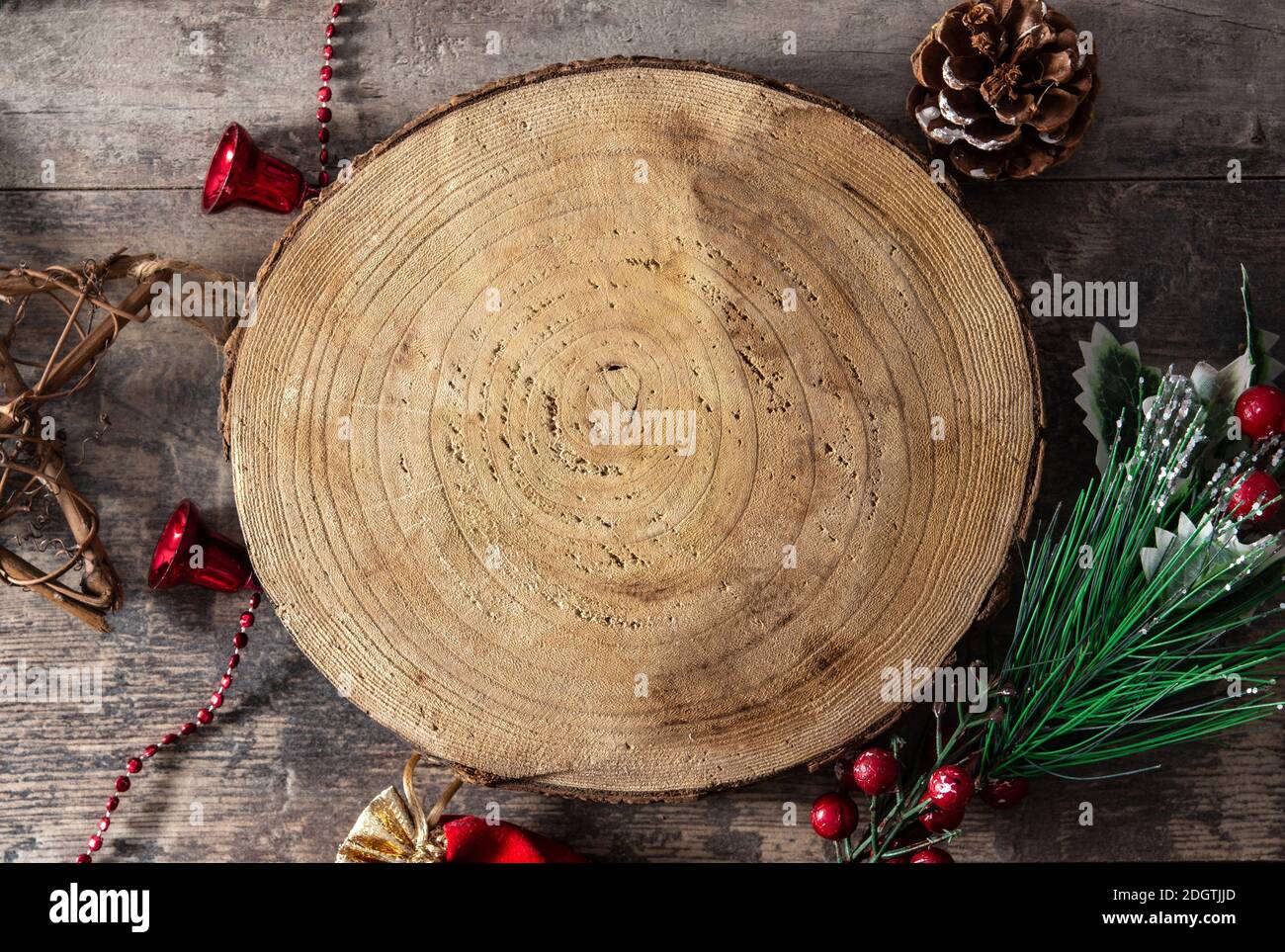 Christmas ornament and tree trunk background Stock Photo - Alamy