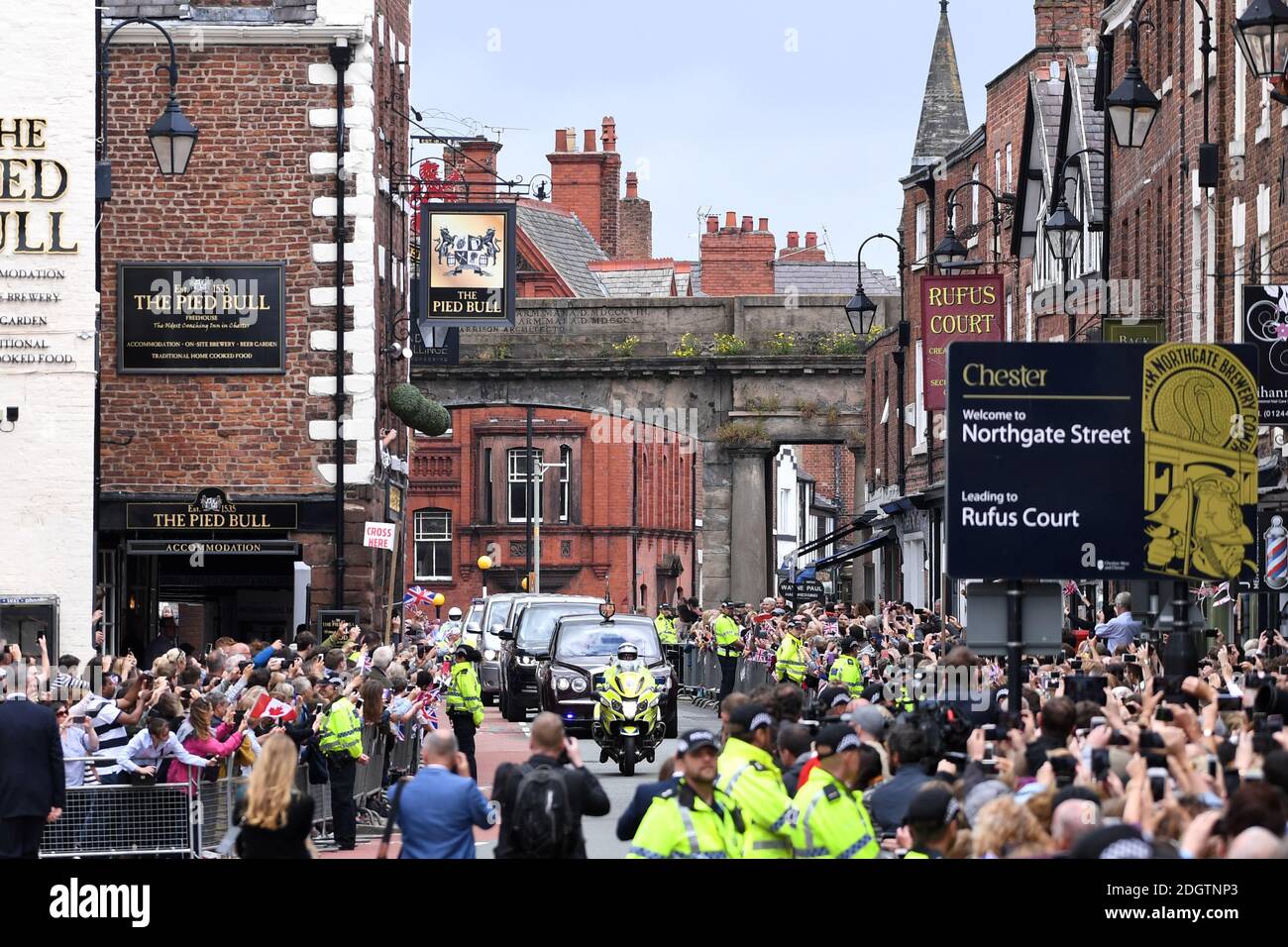A view of the motorcade as Queen Elizabeth II and the Duchess of Sussex ...