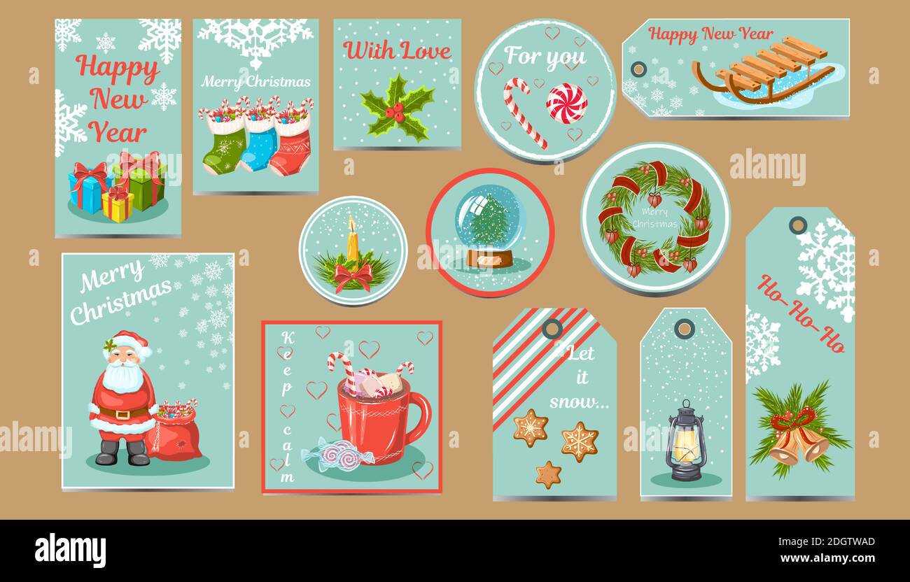 Christmas illustration, greeting paper cards and gift tags collection ...