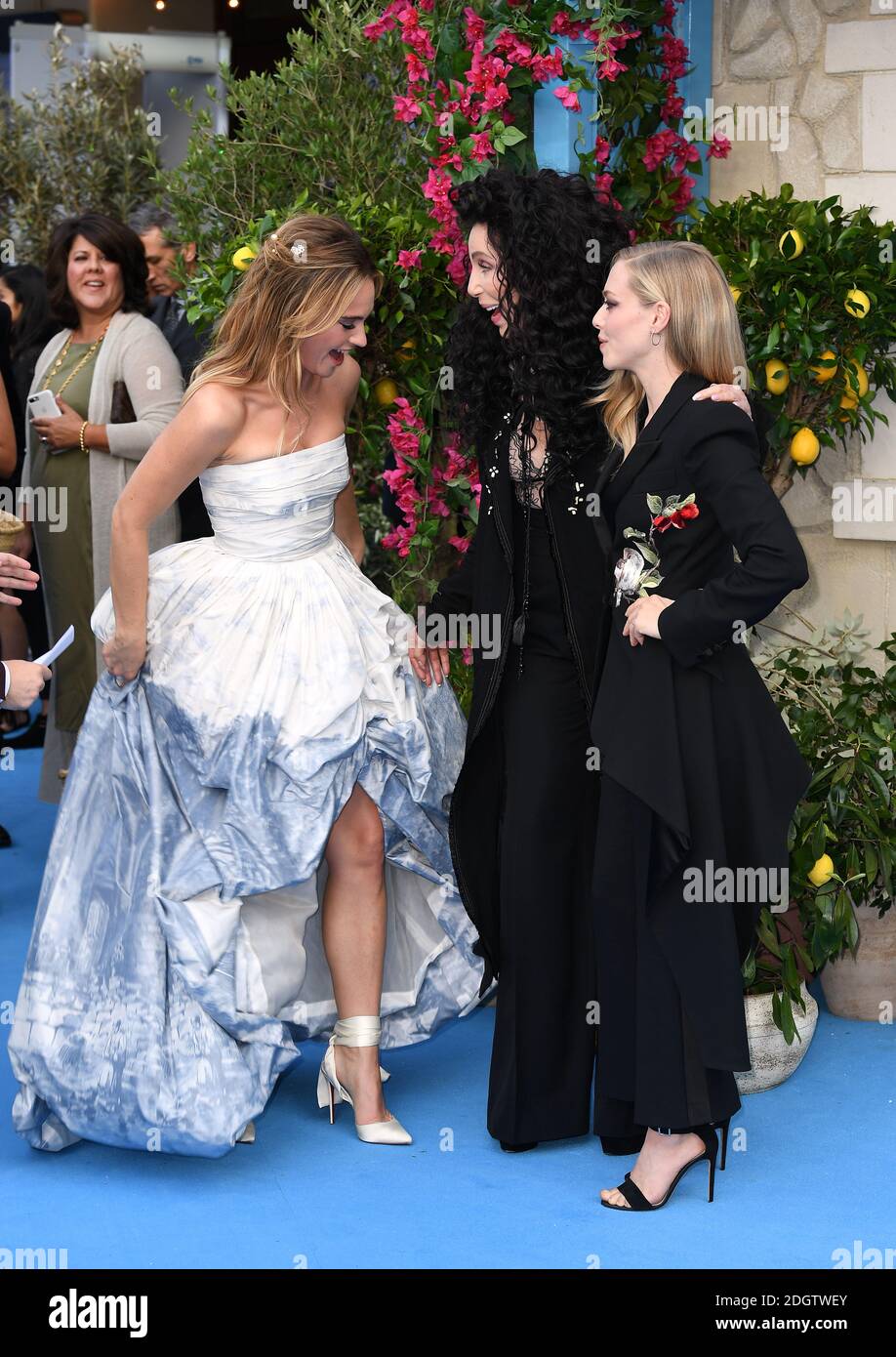 Lily James (left), Cher and Amanda Seyfried (right) attending the ...