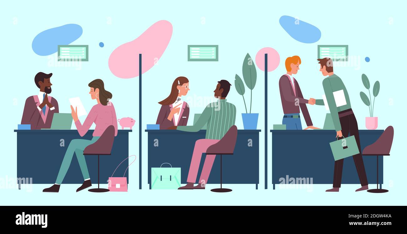 Bank service vector illustration. Cartoon bank employee characters work ...