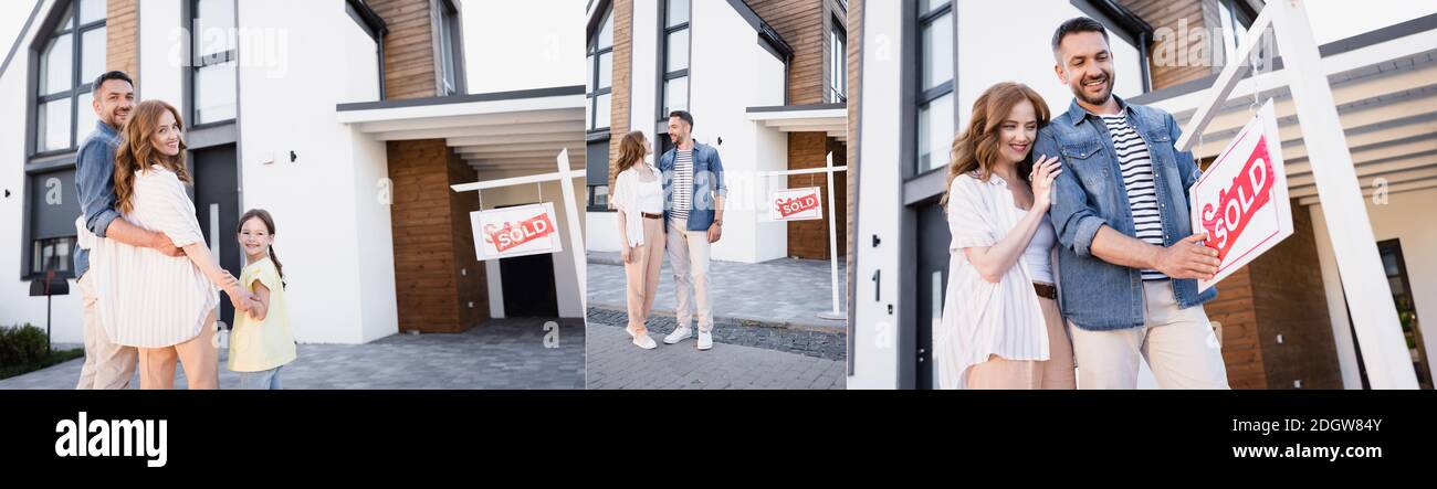 Collage of happy couple hugging, looking at sign with sold lettering ...
