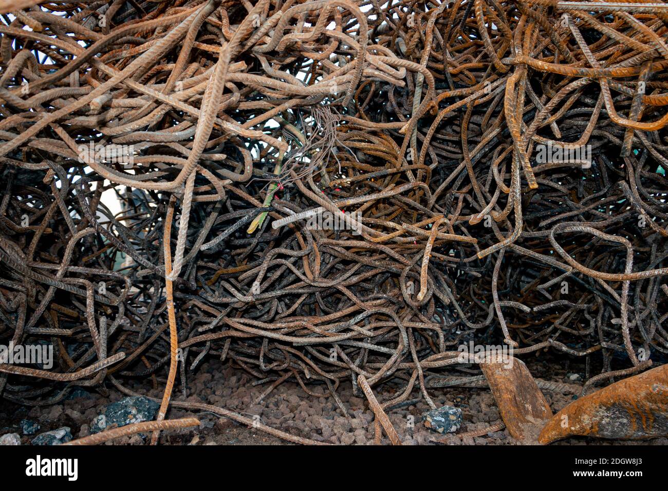 Demolished reinforcing bars in a heap on a scrap yard, suitable for ...