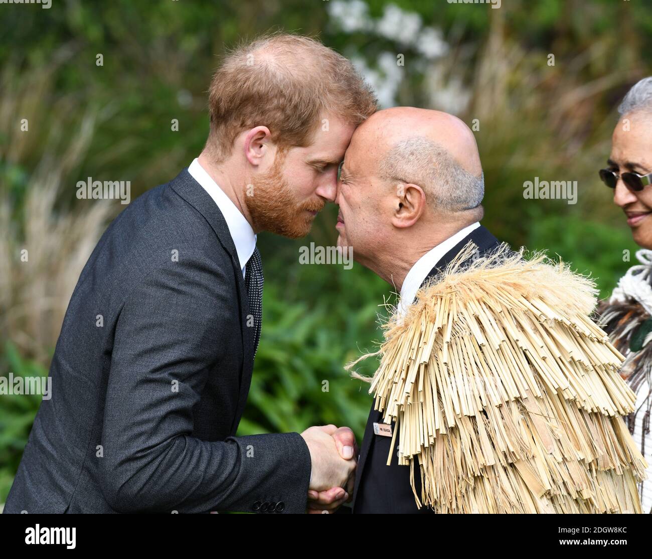 Prince Harry Duke of Sussex receives a hongi, a traditional Maori ...