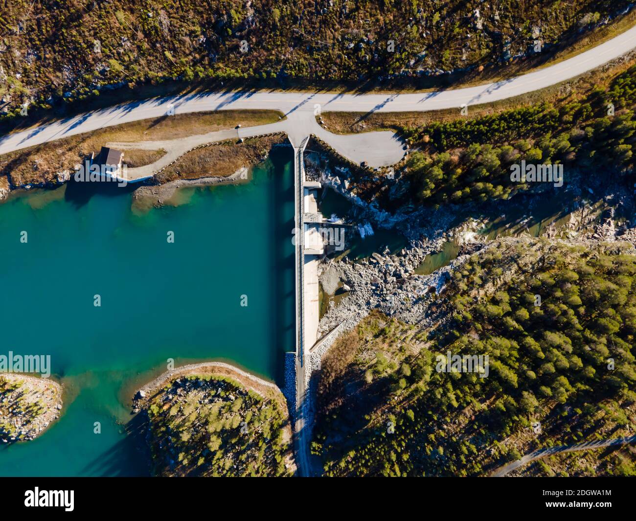 Hydro electric dam with reservoir and river seen from above Stock Photo ...