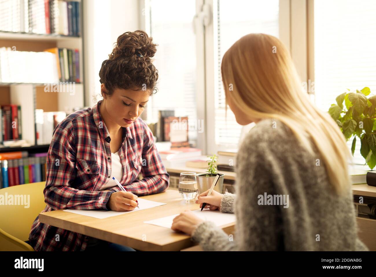 Two young beautiful worried and focused female students studying for an ...