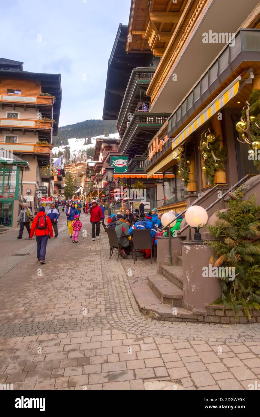 Saalbach, Austria - March 2, 2020: Town village street view in downtown ...