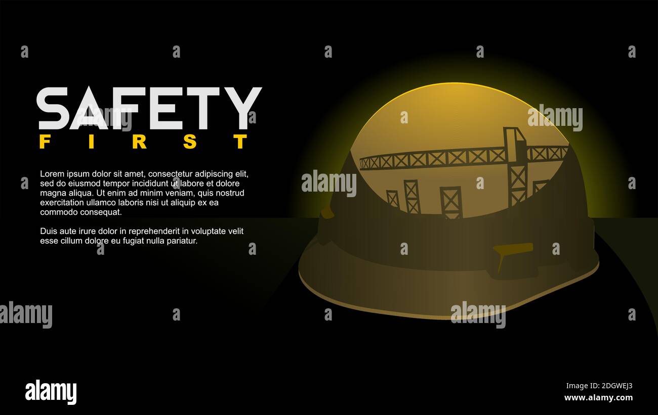 safety first. safety. hard hats reflected with rigs building. vector ...