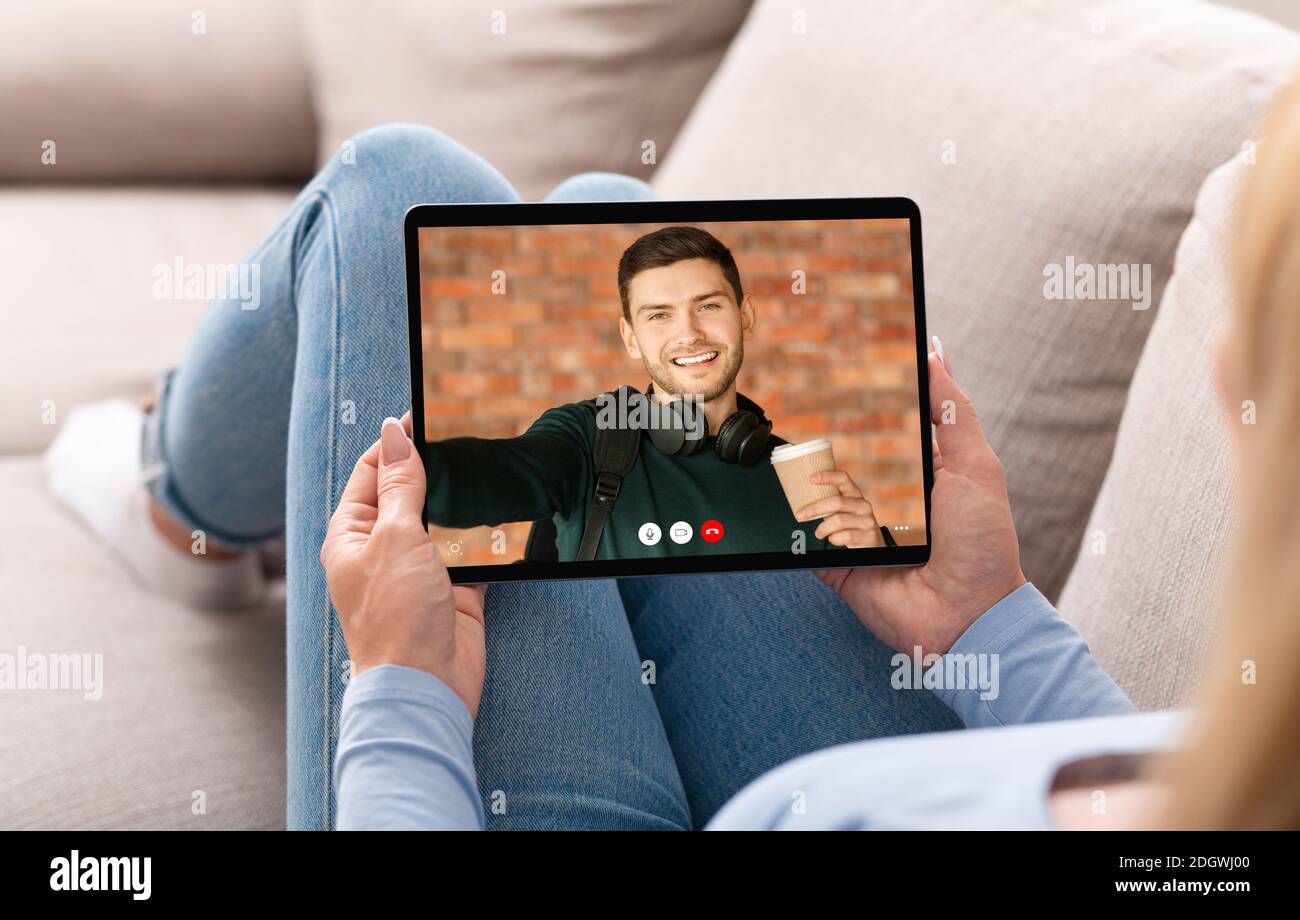 Girlfriend Making Video Call Talking With Boyfriend At Home, Cropped ...