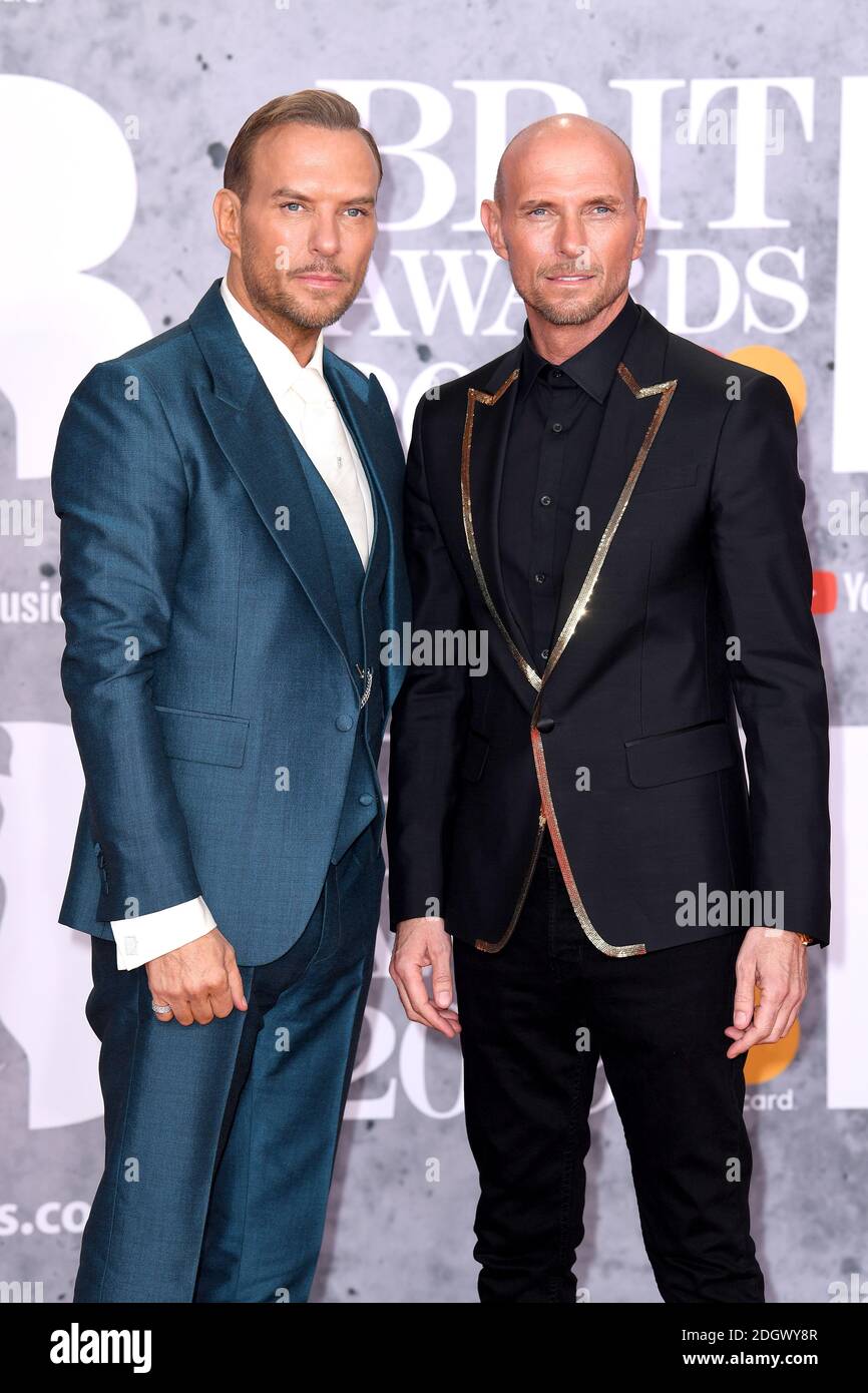 Matt Goss and Luke Goss of Bros attending the Brit Awards 2019 at the O2 Arena, London. Photo ...