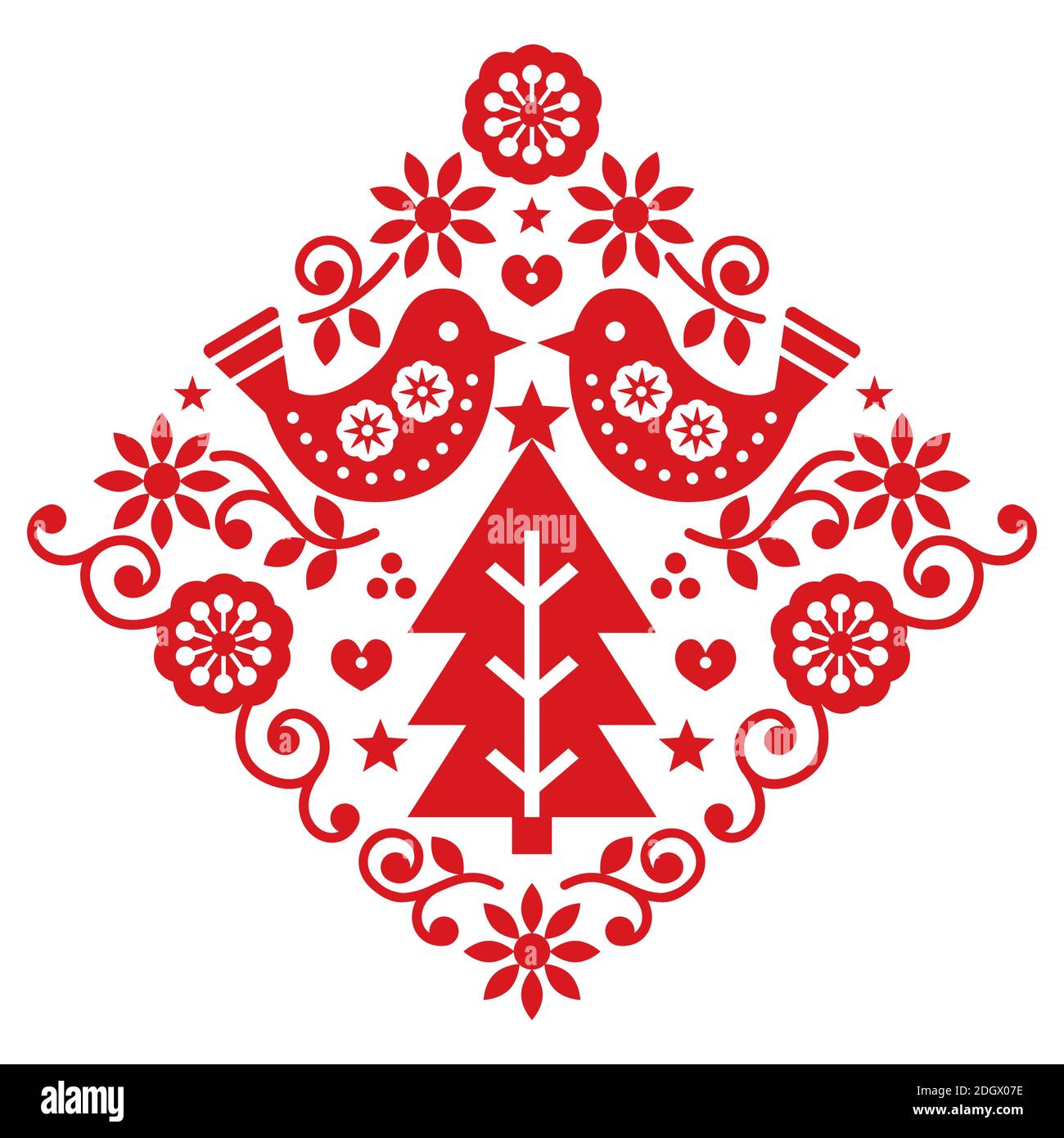 Christmas Scandinavian folk art vector greeting card pattern with birds ... Christmas Scandinavian folk art vector greeting card pattern with birds ...