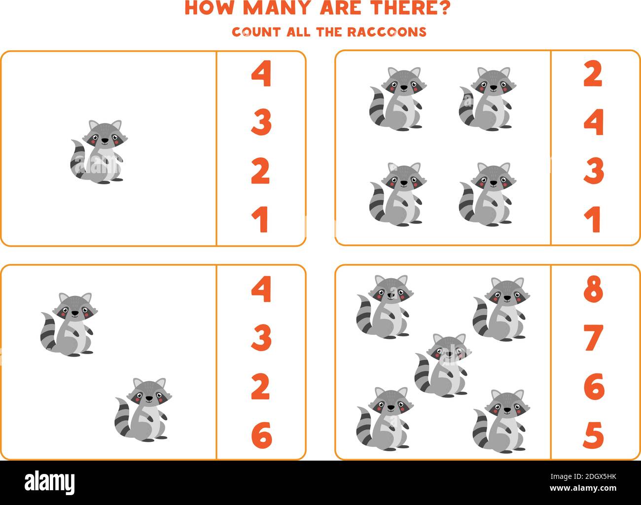 Counting game for kids. Count all cute raccoons. Worksheet for children ...