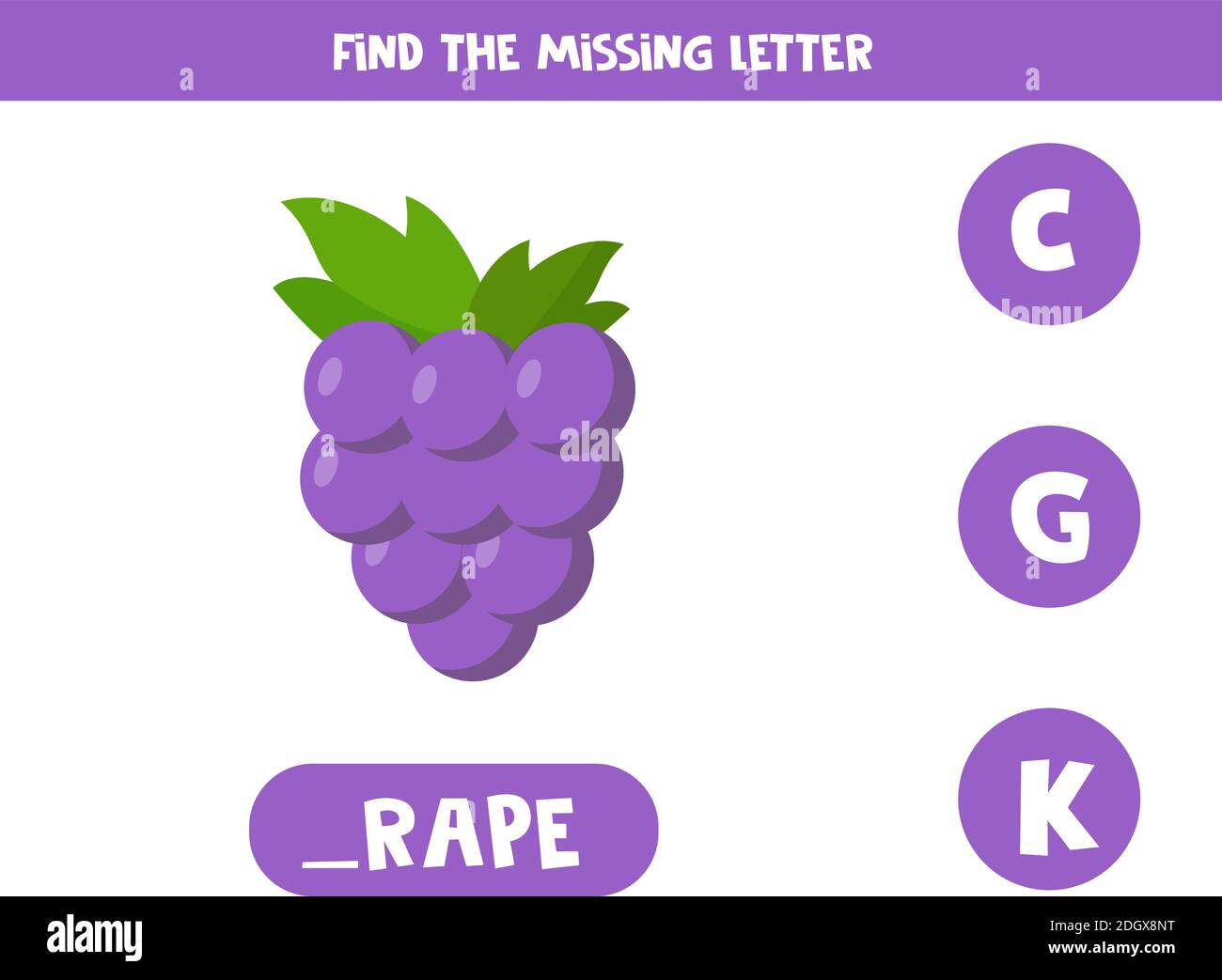 Find the missing letter with cute cartoon grape. Educational spelling ...