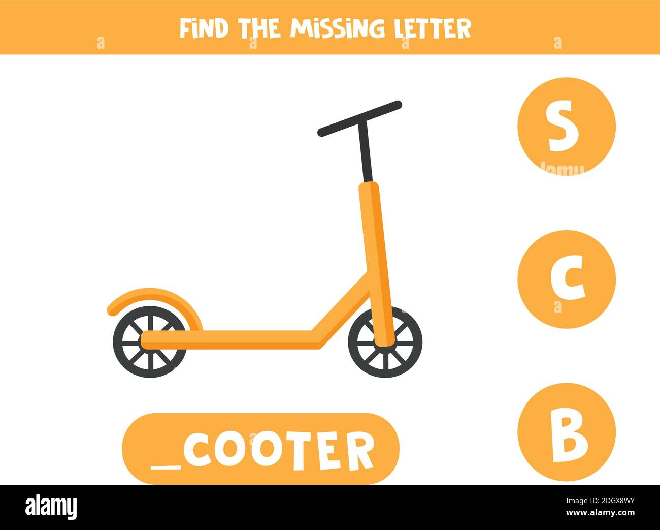Find the missing letter with cute cartoon scooter. Educational spelling ...