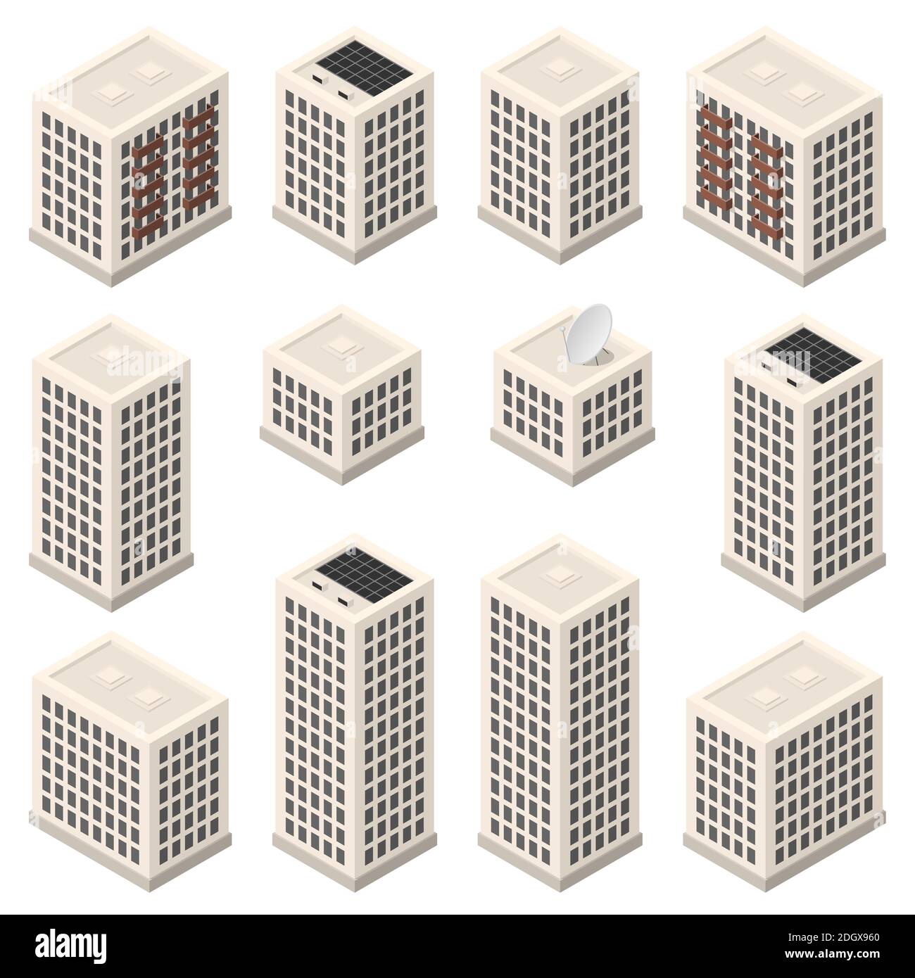 Set of isometric modern beige buildings with gray windows and solar ...