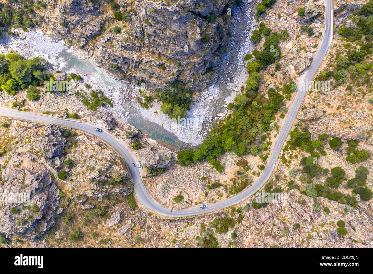 Top down view of Asco river gorge in Haute Corse on corsica island ...