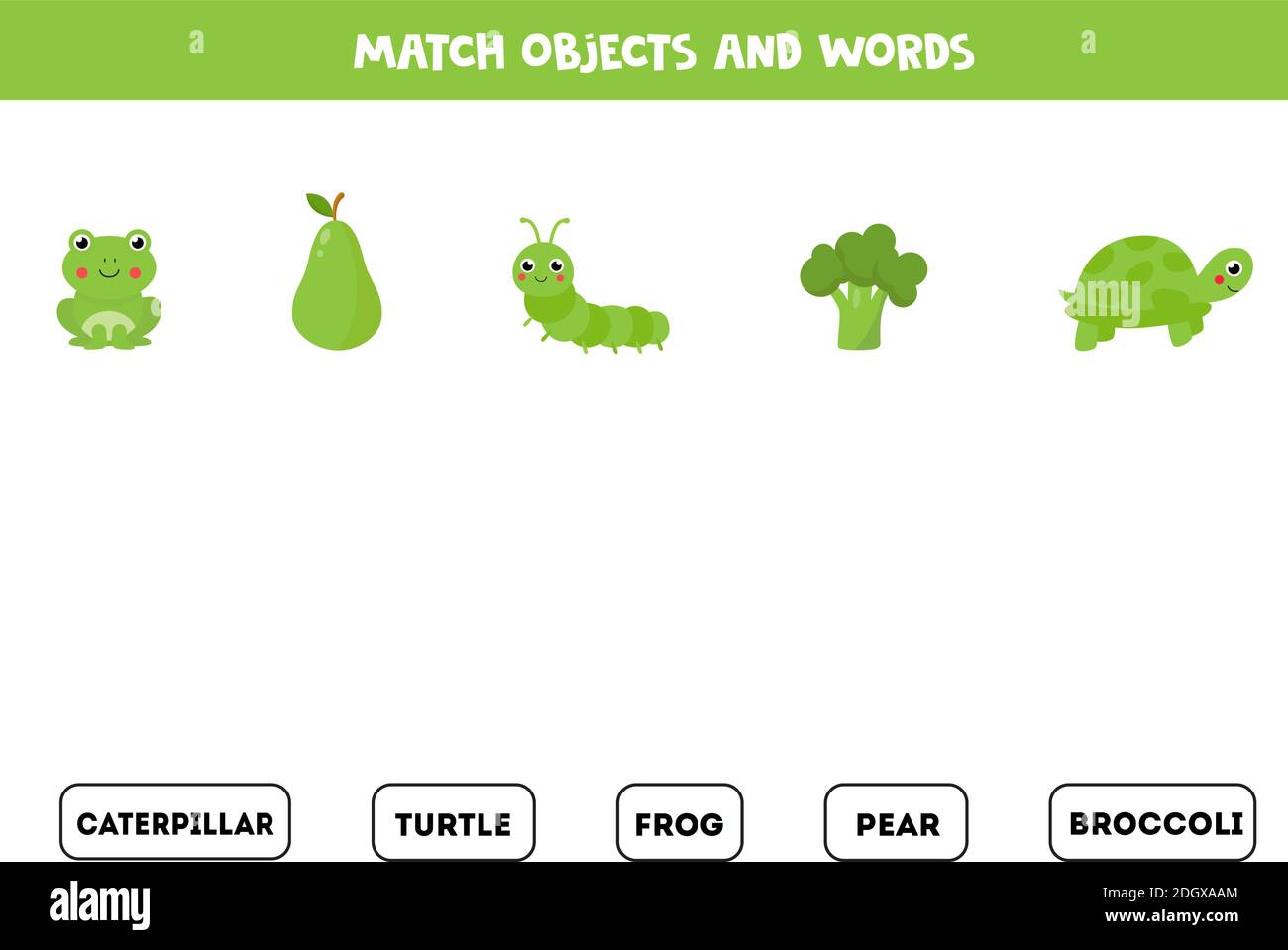 Match green objects with written objects. Educational worksheet for ...