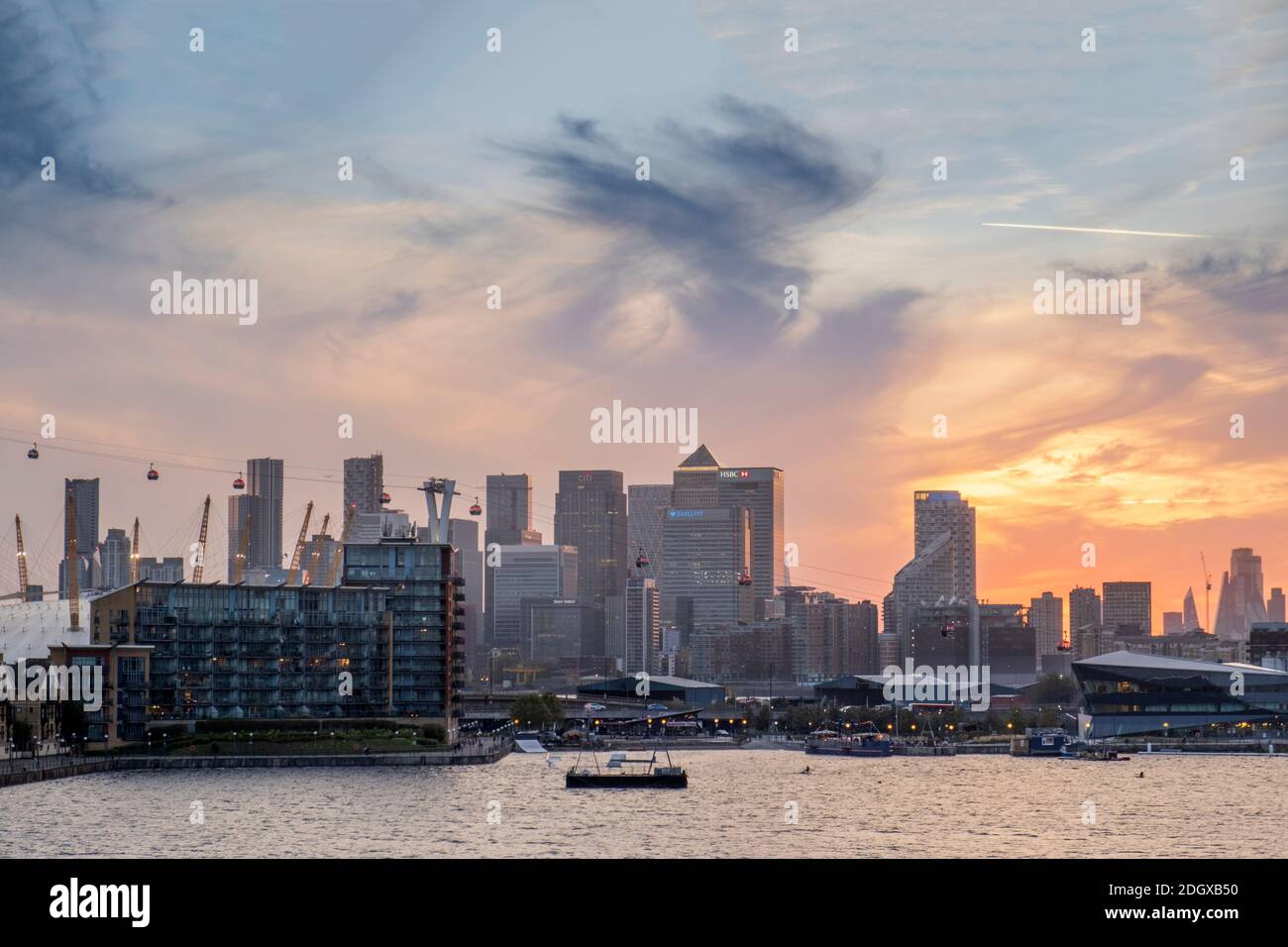 London, Newham, Royal Victoria Docks, skyline of Docklands financial ...