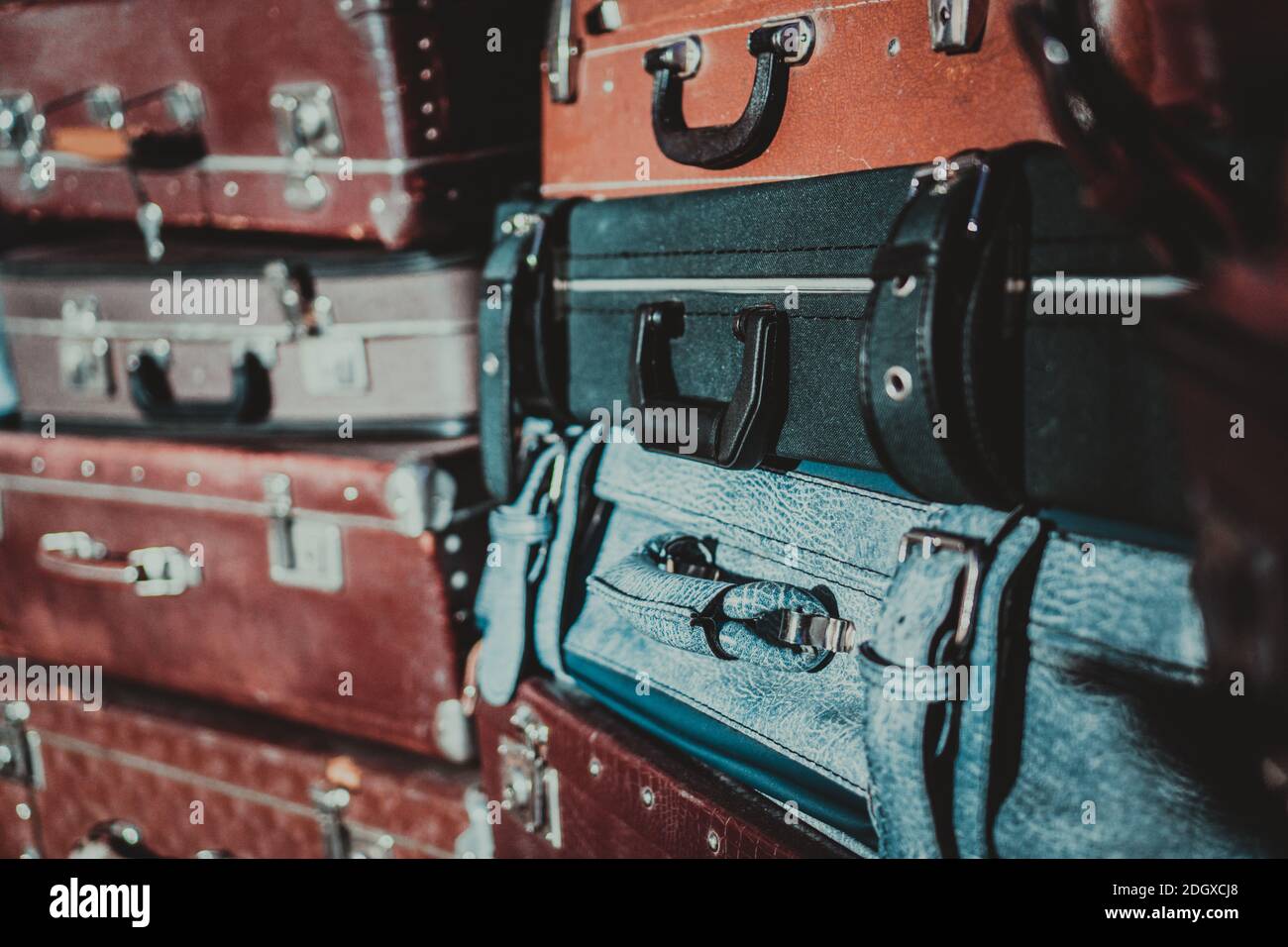 Stack of old suitcases that have seen a lot of traveling. retro luggage ...