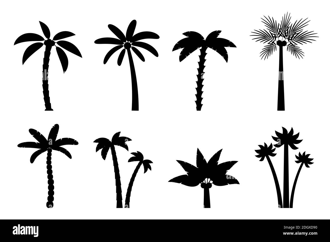 Vector set of simple palm trees. Flat cartoon black silhouette of palms ...