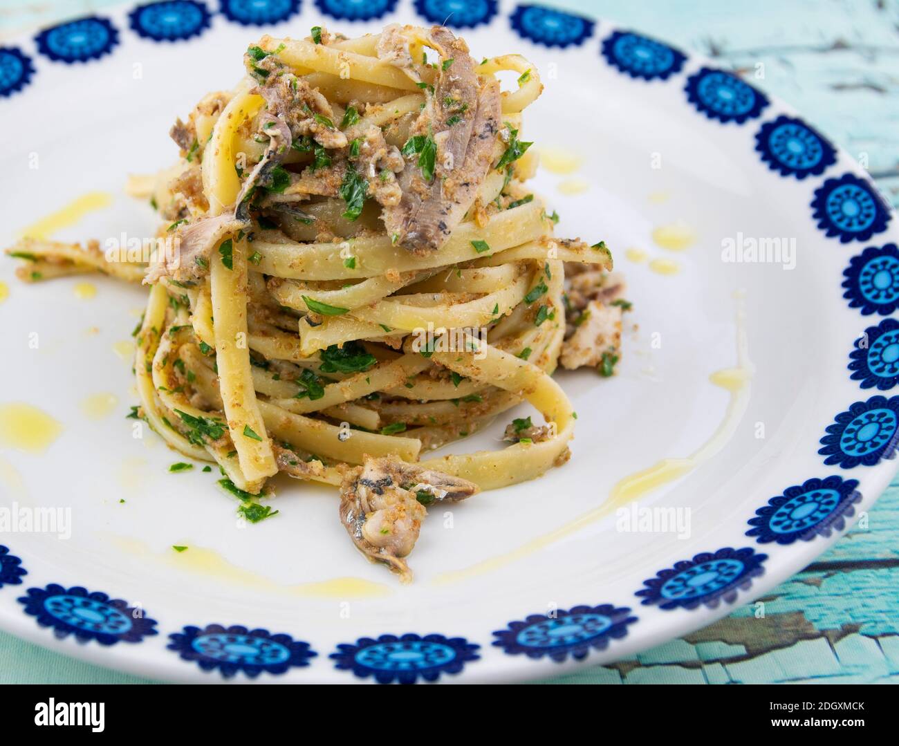 Bavette pasta with sardines and breadcrumbs, Italy Stock Photo - Alamy