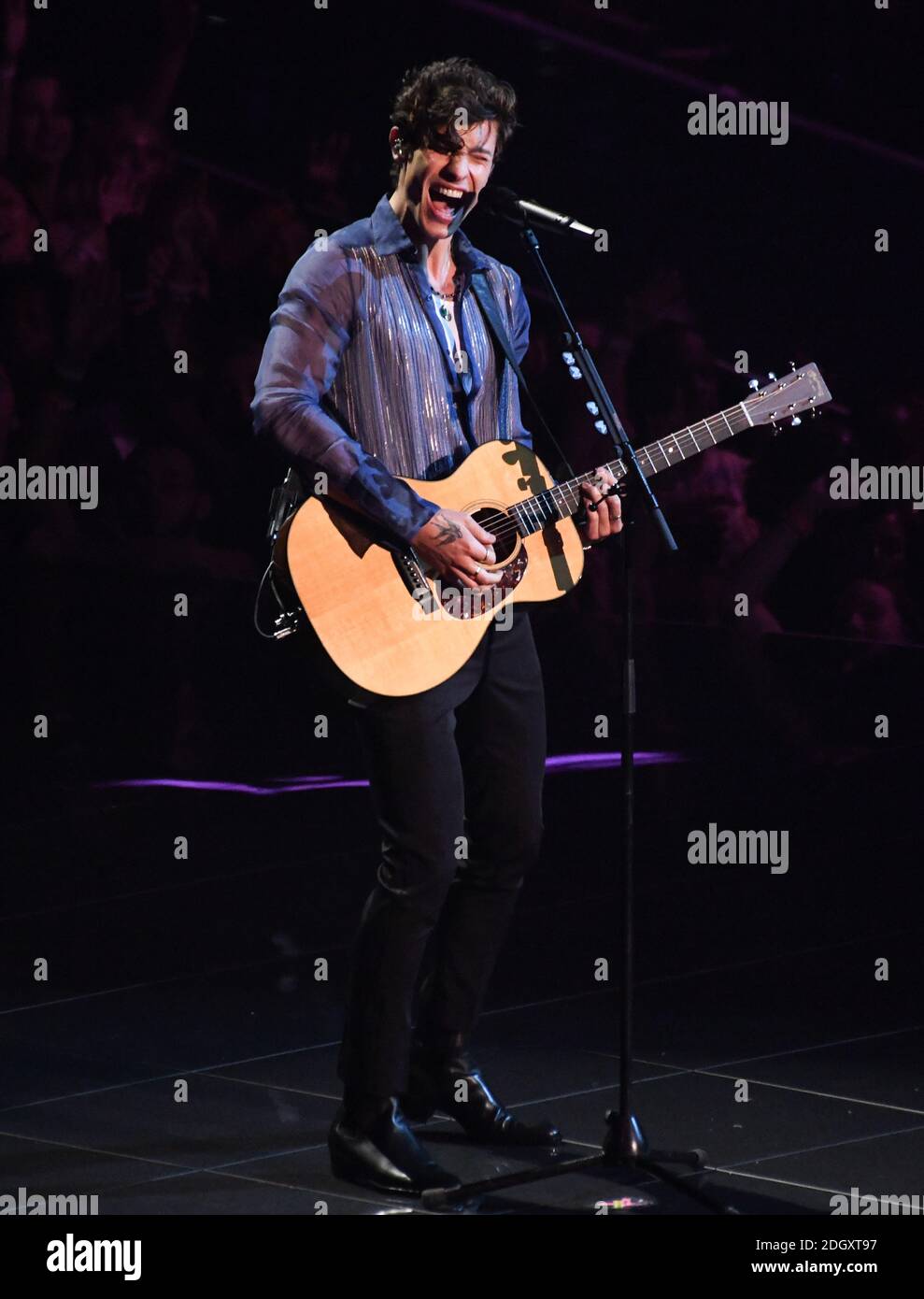 Shawn Mendes performs on stage at the MTV Video Music Awards 2019, held ...