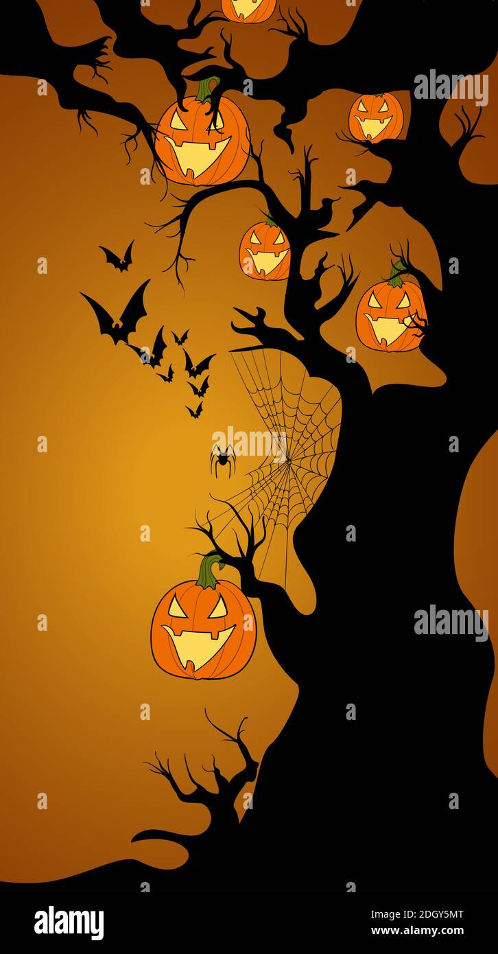 Halloween composition of a tree covered with jack-o-lanterns, spiders ...