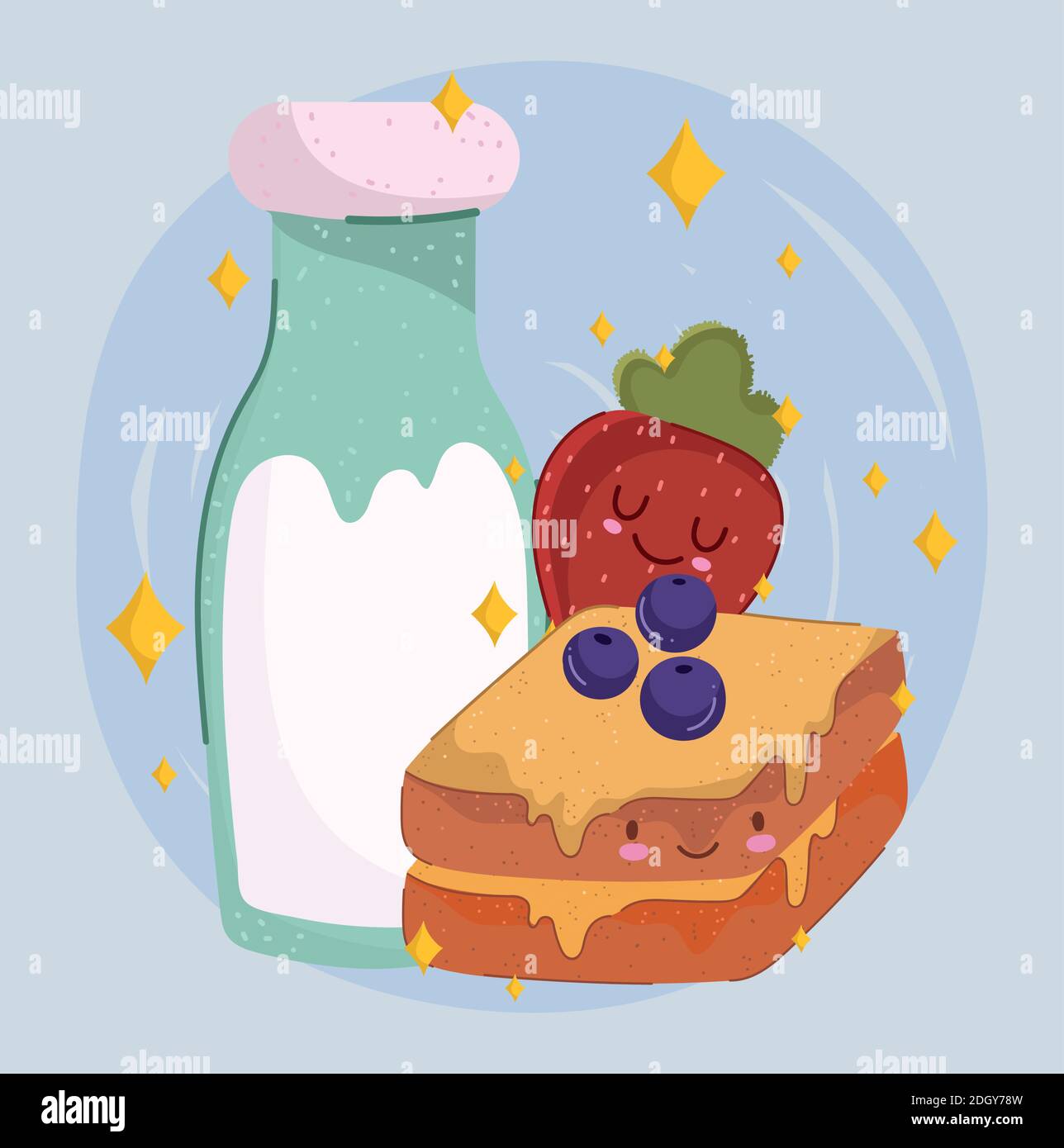 breakfast food fresh cartoon cute strawberry sandwich and milk bottle ...